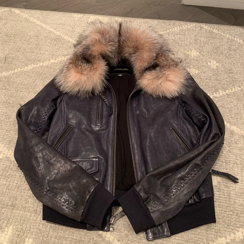 Andrew Marc Naples Fur Trim Leather Bomber Jacket - Gem